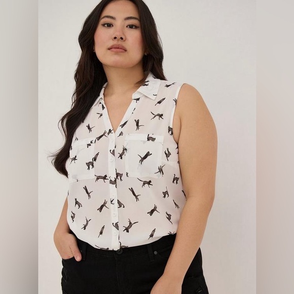 torrid | Tops | Torrid Cat Print Madison Georgette Buttonup Sleeveless ...